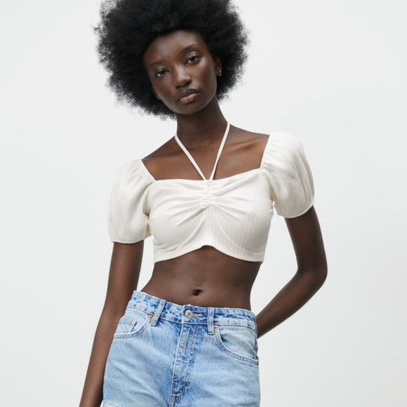 Zara | Tops | Zara Ruched White Crop Top | Poshmark